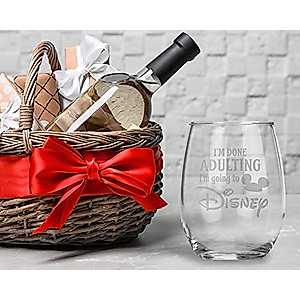 I'm Done Adulting I'm Going To Disney | Engraved Stemless Wine Glass | Disney-Inspired | Mickey Minnie Fan | Funny Birthday, Christmas, Mother's Day, Father's Day, Graduation Gift