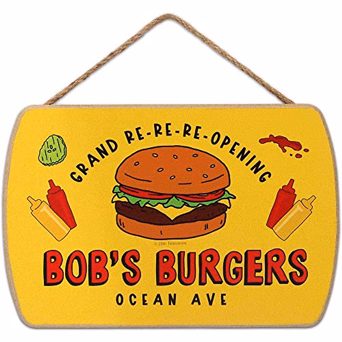 Open Road Brands Bob's Burgers Grand Re-Re-Reopening Hanging Wood Wall Decor - Funny Bob's Burgers Sign for Bedroom or Movie Room