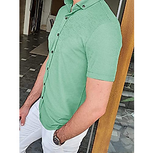 Mens Dress Shirts Button Down Short Sleeve Casual Stretchy Regular Fit Knitted Elastic Business Summer Tops for Men Green