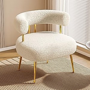 Dewhut Mid Century Sherpa Boucle Accent Chair, Round Upholstered Barrel Arm Chair for Small Spaces, Fluffy Side Corner Sofa Armchair for Living Room, Bedroom, Vanity, Office, Reading Nook(Cream White)