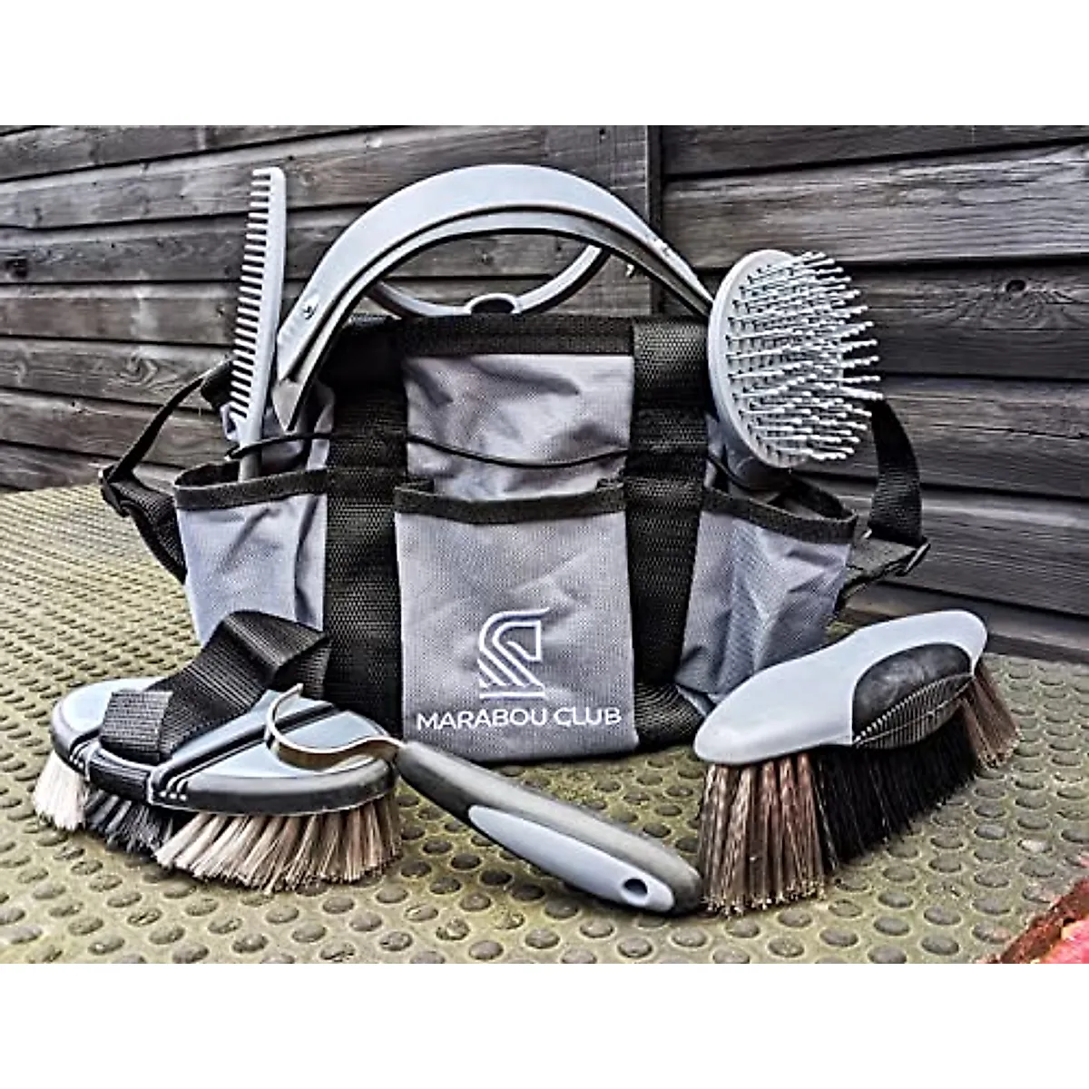 Rugged Horse Grooming Kit - Seven Piece Grooming Kit for Horses. Contains Horse Brushes, Hoof Pick, Sweat Scraper and Grooming Tote