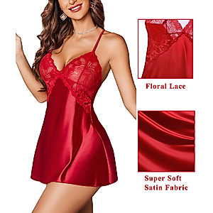 Avidlove Christmas Lingerie for Women Nightgown Sleepwear Satin Pajamas Sexy Babydoll V Neck Teddy Strap Chemise M, Red