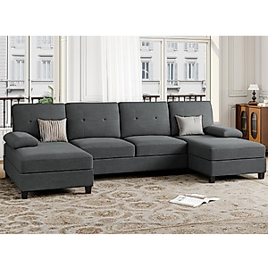JAMFLY Sectional Sofa Couches for Living Room, Living Room Furniture Sets Clearance, 4 Seat U Shaped Sofa Sectional Couch with Chaise, Black Grey