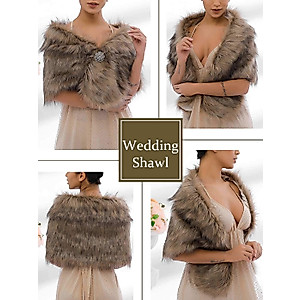 BODIY Bride Fur Shawls and Wraps 1920s Bridal Wedding Faux Fur Scarf Winter Sleeveless Fur Stole for Women and Bridesmaids (Brown)
