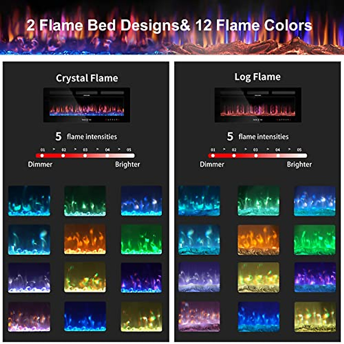 Home4me 36" Electric Fireplace, Wall Mounted and Recessed Fireplace Heater, 750/1500W Freestanding Linear Fireplace, Adjustable Flame Color, Touch Screen，Remote Control with Timer, Low Noise