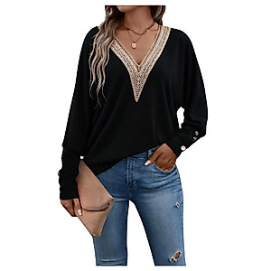 GORGLITTER Women's Guipure Lace Long Sleeve Sweatshirt V Neck Casual Pullover Tops Black Medium