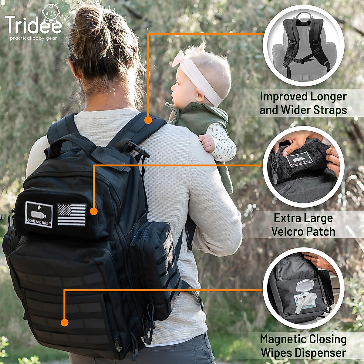 Dad Diaper Bag - Molle-Style Military Diaper Backpack Made of Rugged 900D Waterproof Polyester with Wider Extra-Long Straps, Pouch for Dirty Diapers, Baby Wipes Dispenser & Insulated Bottle Pockets