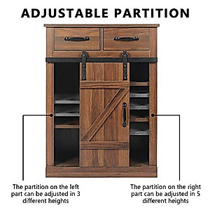 Wood Wall Storage Cabinet with Sliding Barn Door, Accent Kitchen Sideboard Coffee Bar, 2 Drawers, 5 Adjustable Shelves, for Kitchen, Living Room, Bedroom, Industrial, Rustic Brown (Dark Brown)