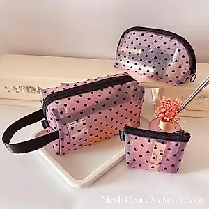TRAKWAN 5 Pieces Mesh Heart Makeup Bags Sets, Zipper Mesh Cosmetic Bag Toiletry Bag, Travel Makeup Bags for Women, Small Items Storage Organizer Bags for Home Office Travel (Pink)