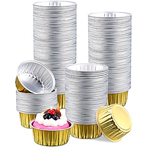 150 Pcs Patelai Aluminum Foil Cups 4.2 oz Mini Baking Cups Gold Cupcake Liners Disposable Ramekins Foil Muffin Pans for Pie Souffle Pudding Holder Wedding Birthday Party (Round)
