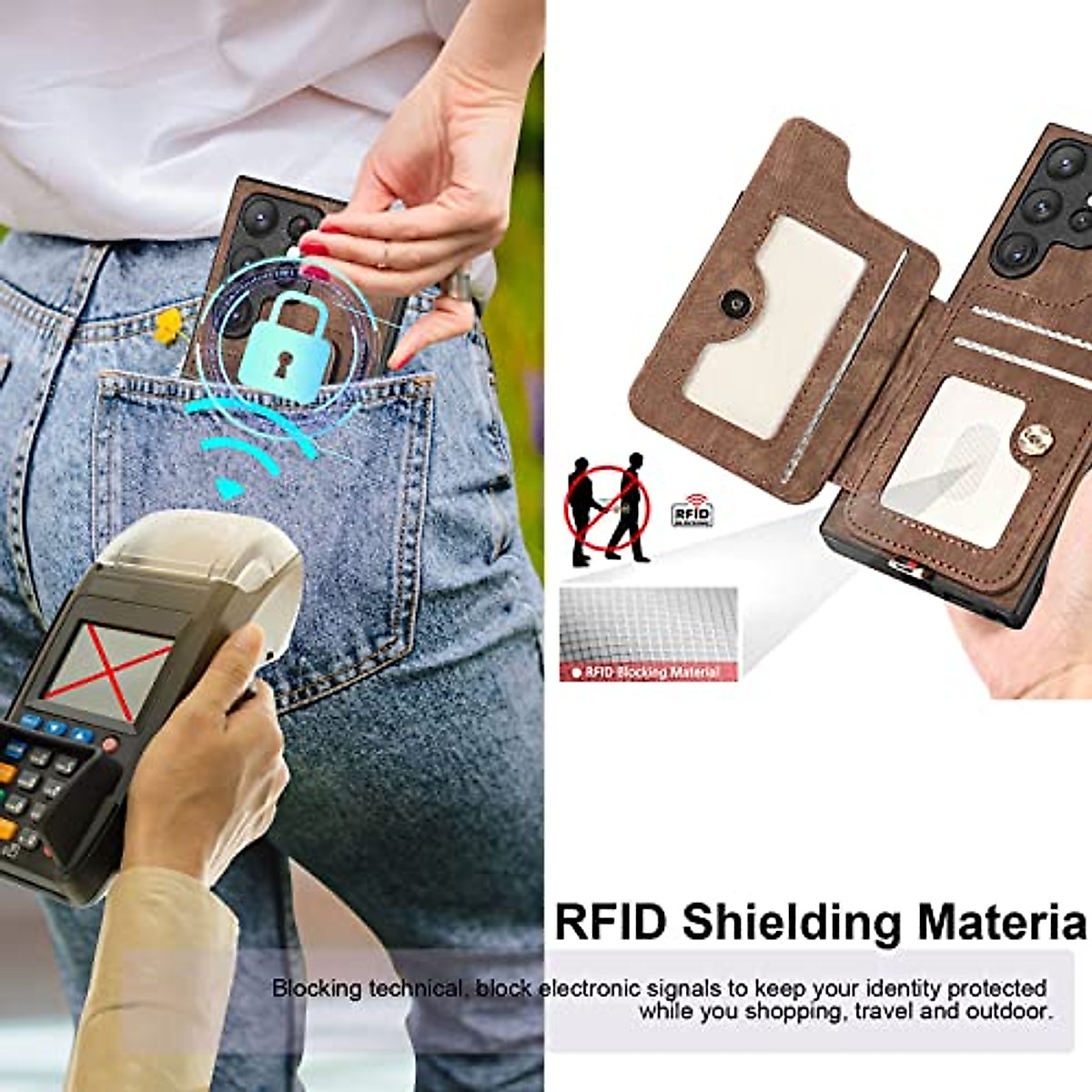 S22 Ultra Case,Card Holder Wallet for Galaxy S22 Ultra Case,Ring Holder Stand,RFID-Blocking,Wrist Strap,Camera Protector,Leather Protective Magnetic Flip Cover for Samsung S22 Ultra Case (Brown)