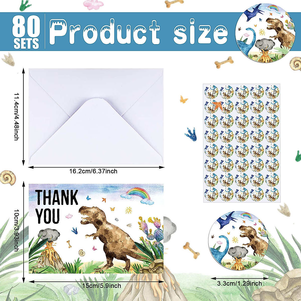 Epakh 40 Pieces Watercolor Dinosaur Thank You Cards with Matching Envelopes and Stickers Jungle Animals Woodland Blank Cards Blank Notes Cards for Birthday Kids Party Baby Shower (Dinosaur Style)
