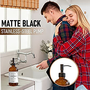 Sunrise Premium 2 Pack Amber Glass Soap Dispenser 16 OZ with Oil Rubbed Bronze Stainless Steel Pump, Hand and Dish Soap Dispenser Set for Bathroom and Kitchen Sink with 6 Waterproof Labels