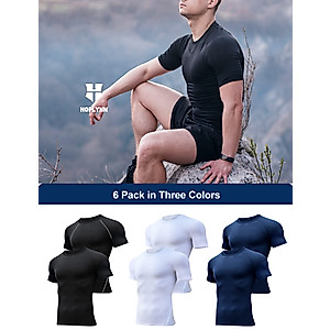 HOPLYNN 6 Pack Compression Shirts Men Short Sleeve Rash Guard Base Layer Athletic Undershirt Gear T-Shirt for Sports Workout 2 Black 2 White 2 Blue-L