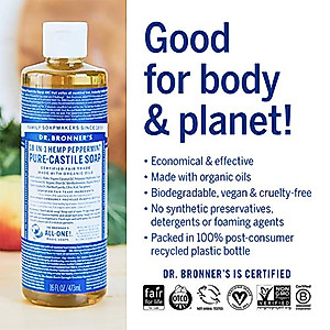 Dr. Bronner’s Pure Castile Liquid Soap Made with Organic Oils, 18-in-1 Uses, Peppermint, 16 oz (2Pack)