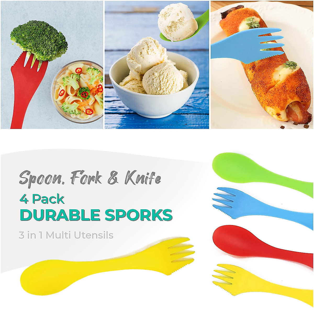 Collapsible Silicone Food Storage Containers - 16 Pcs Set with Lids Made by Silictek - Food Grade Travelling Measuring Cups - Measuring Spoons & Sporks- Portable & BPA Free - 4x Each