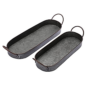 Hipiwe Set of 2 Galvanized Metal Iron Tray with Handles Oval Farmhouse Serving Tray Rustic Industrial Decorative Tray Centerpiece Tray for Coffee Table Weddings Home Decor