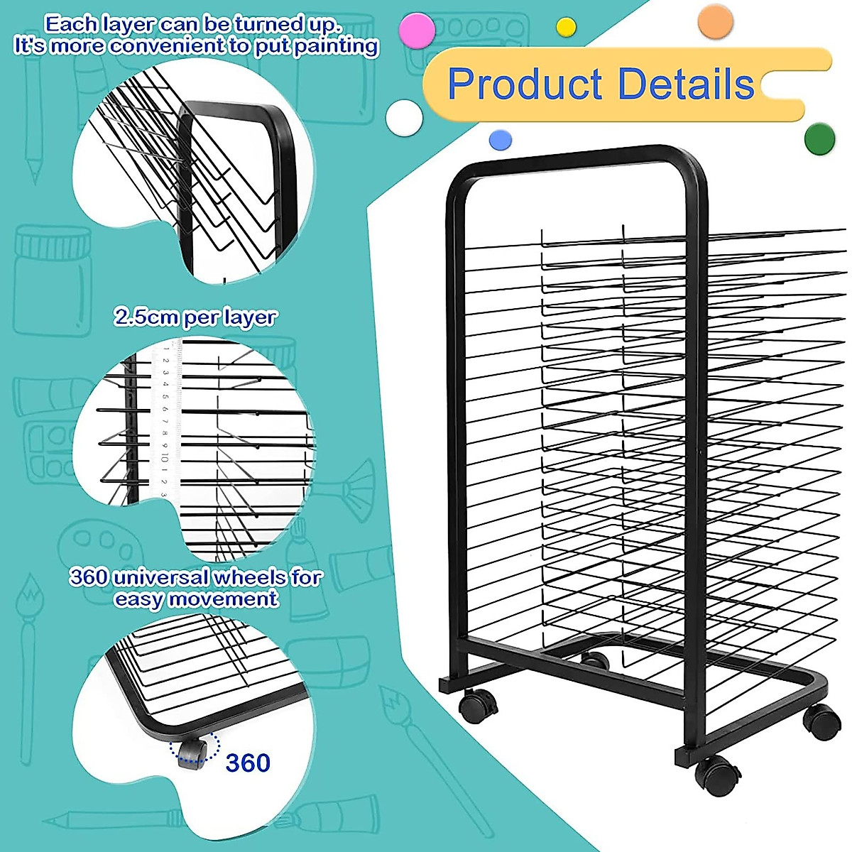 Wire Art Drying Rack for Classrooms Painting Crafts, Stackable Flexible Shelves Metal Steel Mobile Art Rack Artwork Canvas Storage Display Rack with Wheels for Art Studio (Size : 25 Shelves)