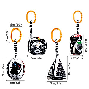 KAKIBLIN Baby Hanging Rattle Toys, 4 Pack Black and White Car Seat Baby Toys Soft Squeaky Stroller Toy for Baby Montessori Sensory Toys 0-12 Months for Newborn Infant, White and Black