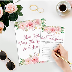 UHADRE Floral How Old were The Bride and Groom Game, Guess The Age Photo Game, Blush Flowers Bridal Shower Wedding Shower Game (1 Sign and 30 Cards)-BNG16