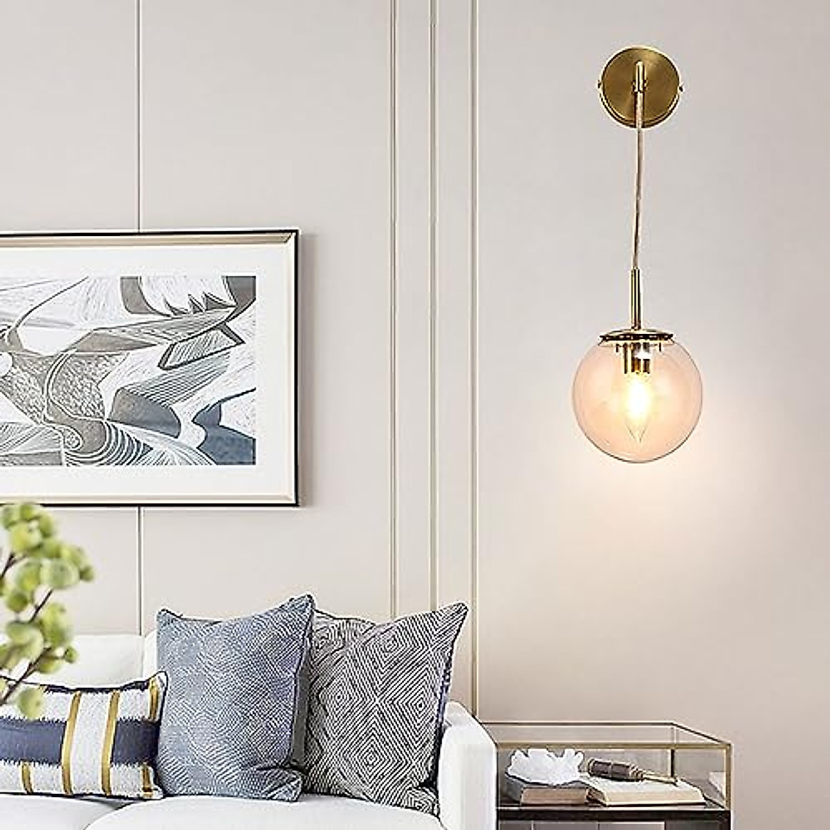 ICEMOB Modern Glass Globe Wall Sconce Set Of Two Minimalist Gold Wall Light Fixture With Adjustable Cord Brass Round Glass Wall Mounted Reading Lamp For Bathroom Mirror Bedside Stairs
