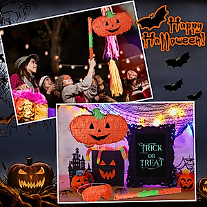 Small Halloween Pumpkin Pinata with Bat and Blindfold for Halloween Party Decorations, Party Supplies, Photo Prop, October Birthday, Funny and Spooky, Fits Candy Favors, 14 x 9 x 2.6 Inches