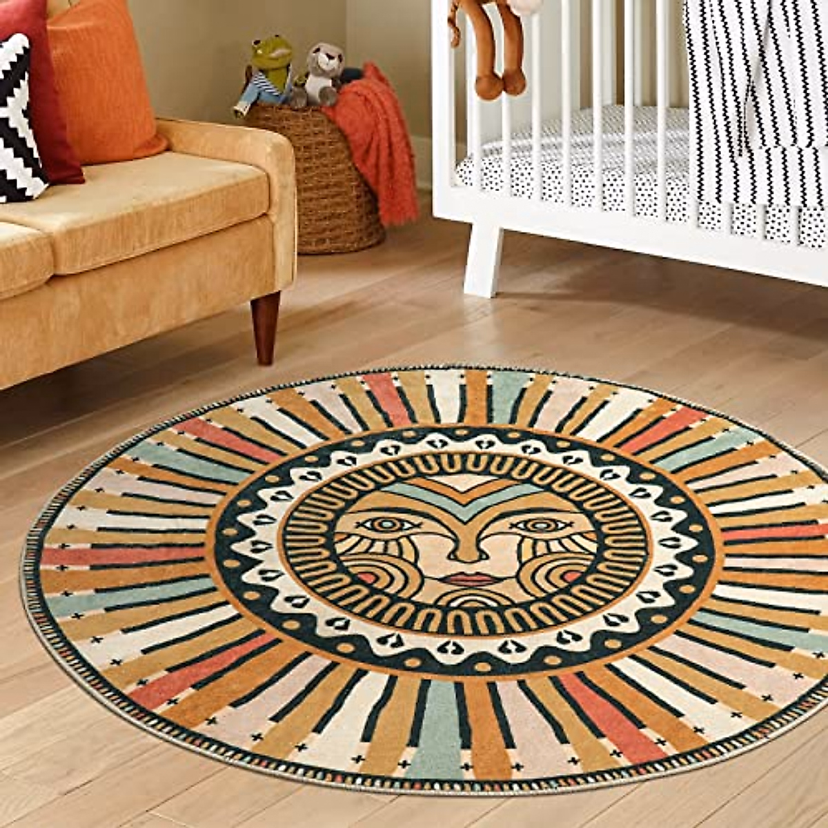 Sungea Retro Sun Round Rug for Bedroom, 4ft Soft Circle Washable Area Rug, Entryway Non-Slip Low Pile Throw Rugs, Carpet for Sofa Nursery Living Dining Room