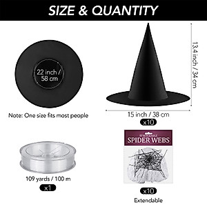 ADXCO 10 Pieces Halloween Black Witch Hat Wizard Hats with 10 Pack Halloween Spider Web Decorations and 109 Yards Hanging Rope for Halloween Party Supplies Halloween Indoor & Outdoor Decorations
