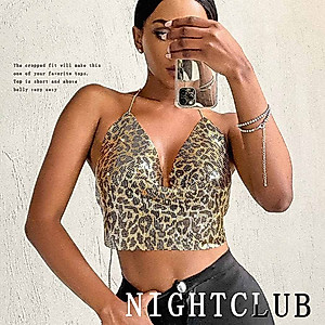 Foyte Boho Sequins Body Chain Shiny Top Deep V Neck Bra Body Jewelry Bikini Crop Top Shirt Waist Chains Nightclub Party Body Jewelry Accessory for Women