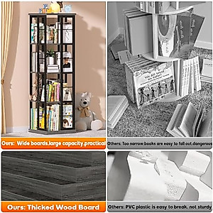 Aheaplus Rotating Bookshelf, Corner Bookshelf, 360 Display Wood Spinning Bookshelf, Floor Standing Bookcase Narrow Shelf Revolving Organizer Storage Rack for Small Space, Bedroom, Study Room, Grey Oak