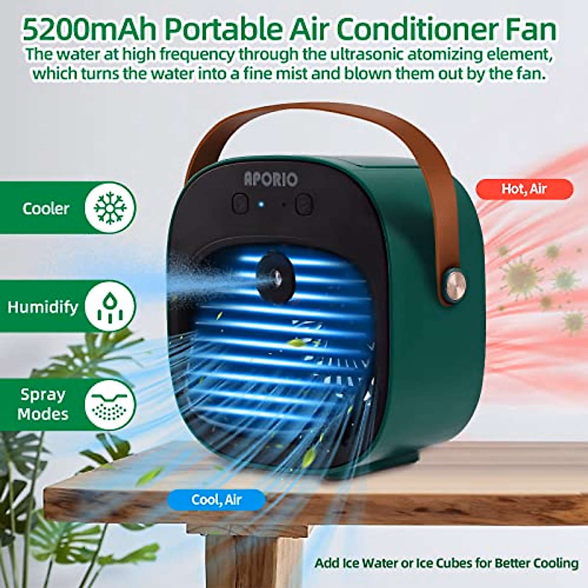 Portable Air Conditioner-5200mAh Rechargeable Personal Air Cooler with 3 Speeds Duration 5-10 hrs, Quiet Mini Air Conditioner Fan, Desk Cooling Fan for Home, Bedroom, Travel, and Office