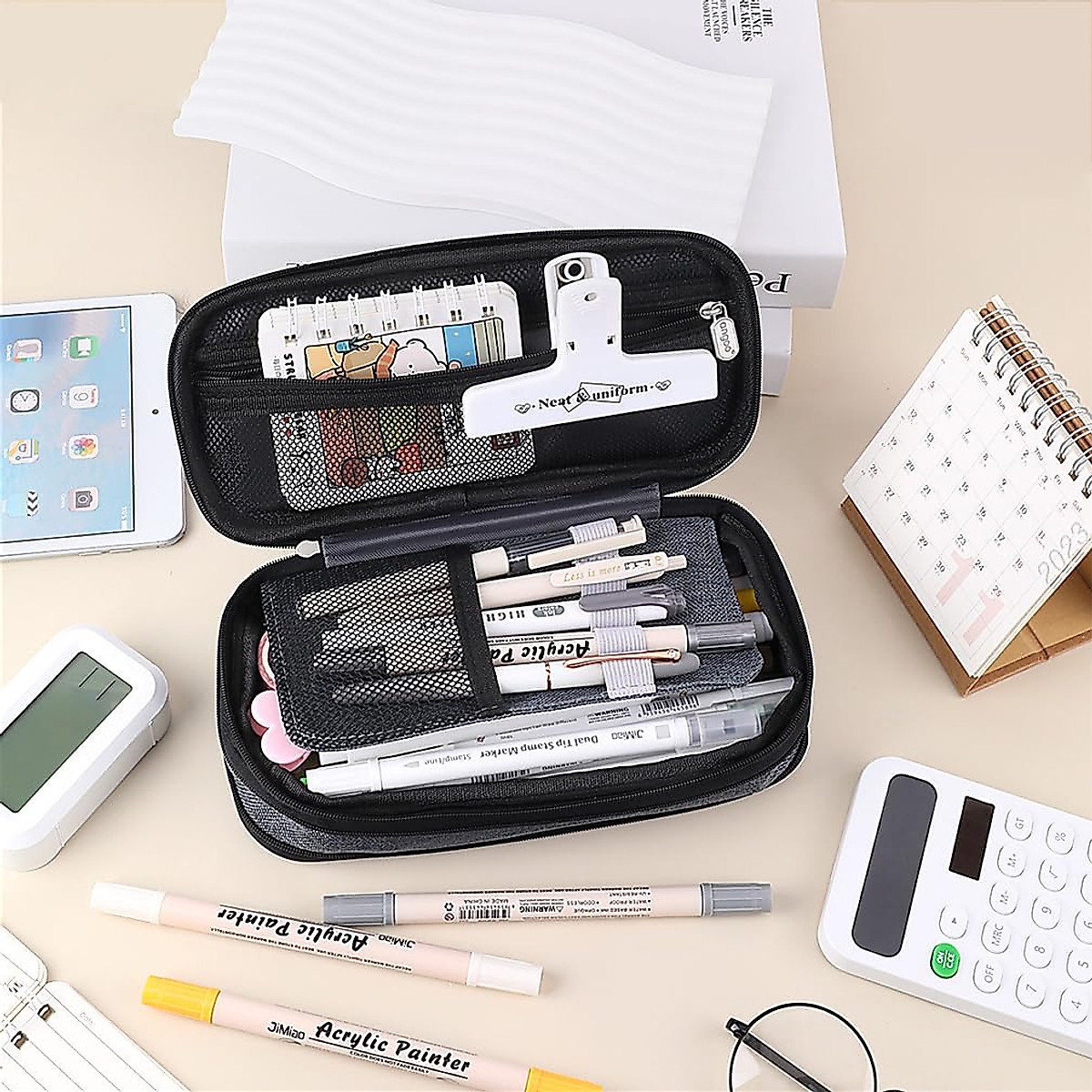 iSuperb Pencil Case Big Capacity Canvas Multifunction 7 Compartment Pen Bag Zipper Stationery Organizer Pouch Square Grid Cosmetic Bag