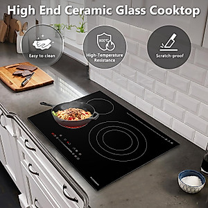 Electric Cooktop 24 Inch, ECOTOUCH Built-in Electric Stove Top 3 Burner Cooktops, ETL & FCC Certificated Glass Radiant Electric Stovetop 6600W, Upgraded 16 Power Levels, 220-240V for Hard Wire