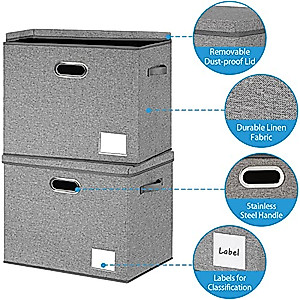 LHZK Extra Large Storage Bins with Lids 16x12x12 Foldable Linen Fabric Storage Boxes with Lids, Decorative Fabric Storage Bins with Label & 3 Handles for Shelves Bedroom Home Office (Grey, 2-Pack)