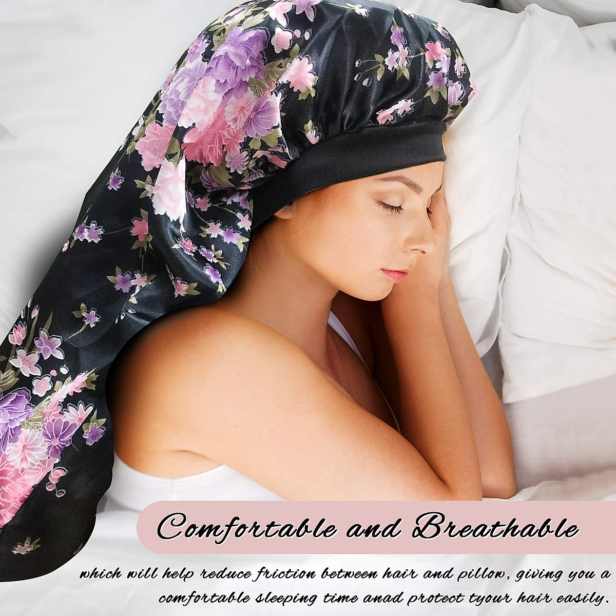 2Pcs Long Satin Bonnet Sleep Cap,Extra Large Braids Bonnets for Sleeping,Long Hair,Soft&Comfortable Elastic Band Bonnets for Women Night Sleep,Hair Bonnets for Women Satin (Black+Pink Pattern)