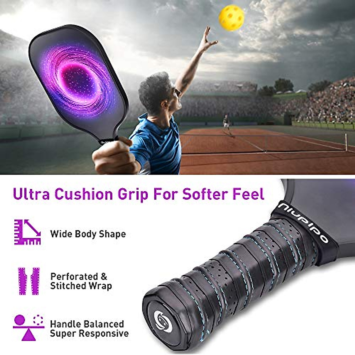 niupipo Pickleball Paddle, USAPA Approved Pickleball Paddle with Fiberglass Surface, Protective Cover, Ultra Cushion, Polypropylene Honeycomb Core, 4.5-Inch Grip, 8.2 Ounces, Purple