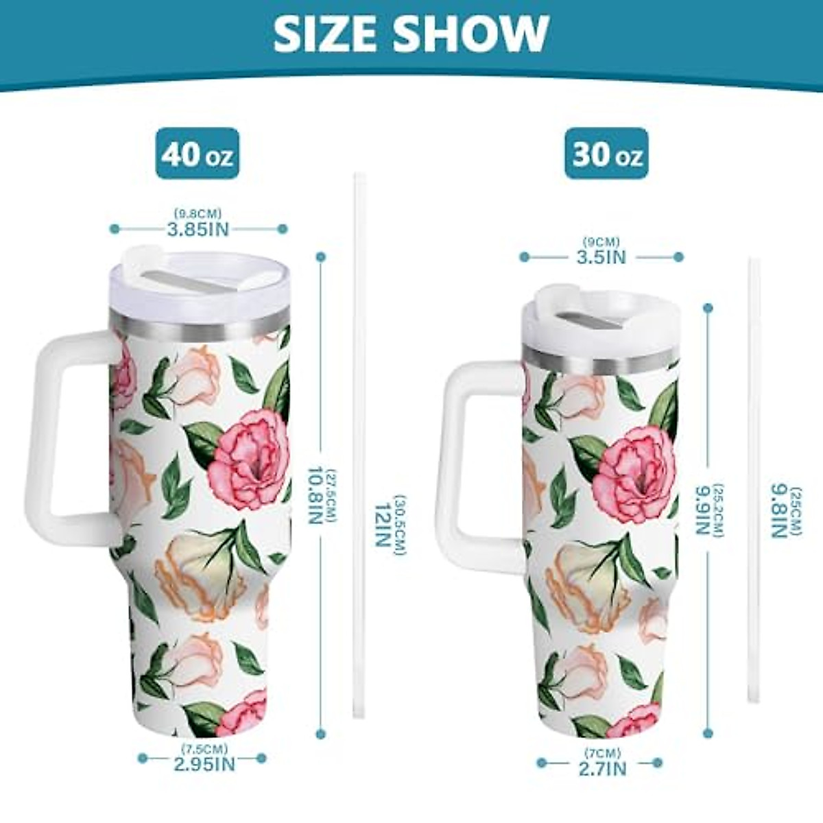 Adornlife Flower Pink Rose 30 oz Tumbler with Handle and Straw Lid, 100% Leak-proof Travel Coffee Mug, Stainless Steel Insulated Cup For Beverages, Cupholder Friendly