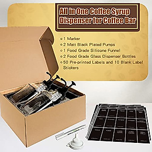 Odaverso 2 Pack 16.9OZ Square Coffee Syrup Dispenser for Bar with Labels & Black Matte Pump, Bottles Home Bar, BPA Free Durable Transparent Glass (ZFX-TJP-BLK)