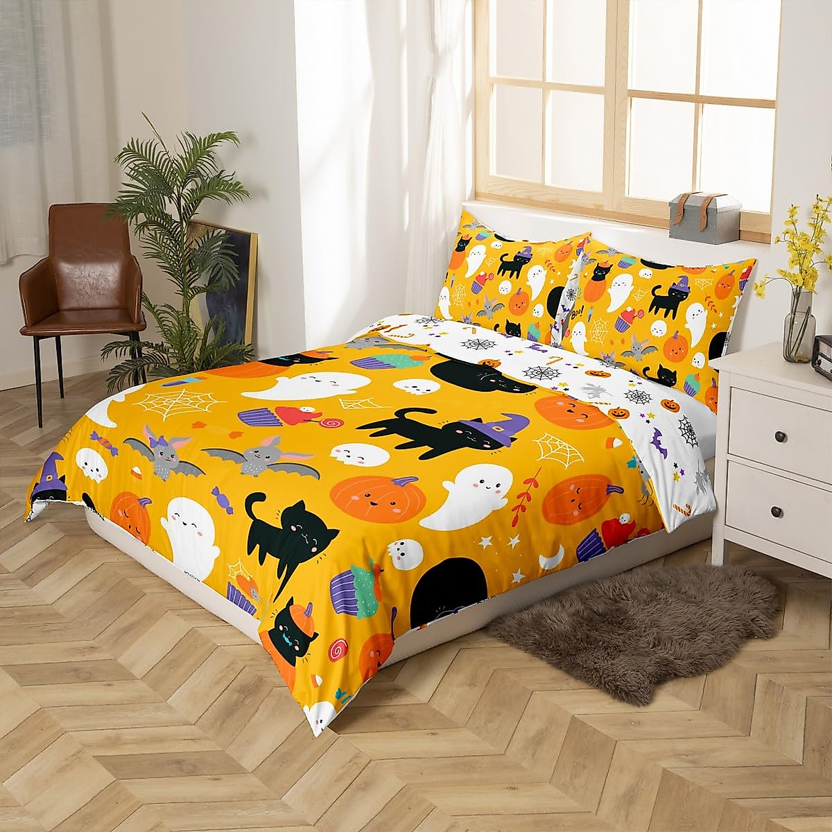 Erosebridal Halloween Bedding Set Queen,Pumpkin Lantern Duvet Cover Cartoon Ghost Comforter Cover Cute Cat Bats Halloween Decoration,Halloween Candy Spider Web Gothic Skeleton Halloween Decor Orange