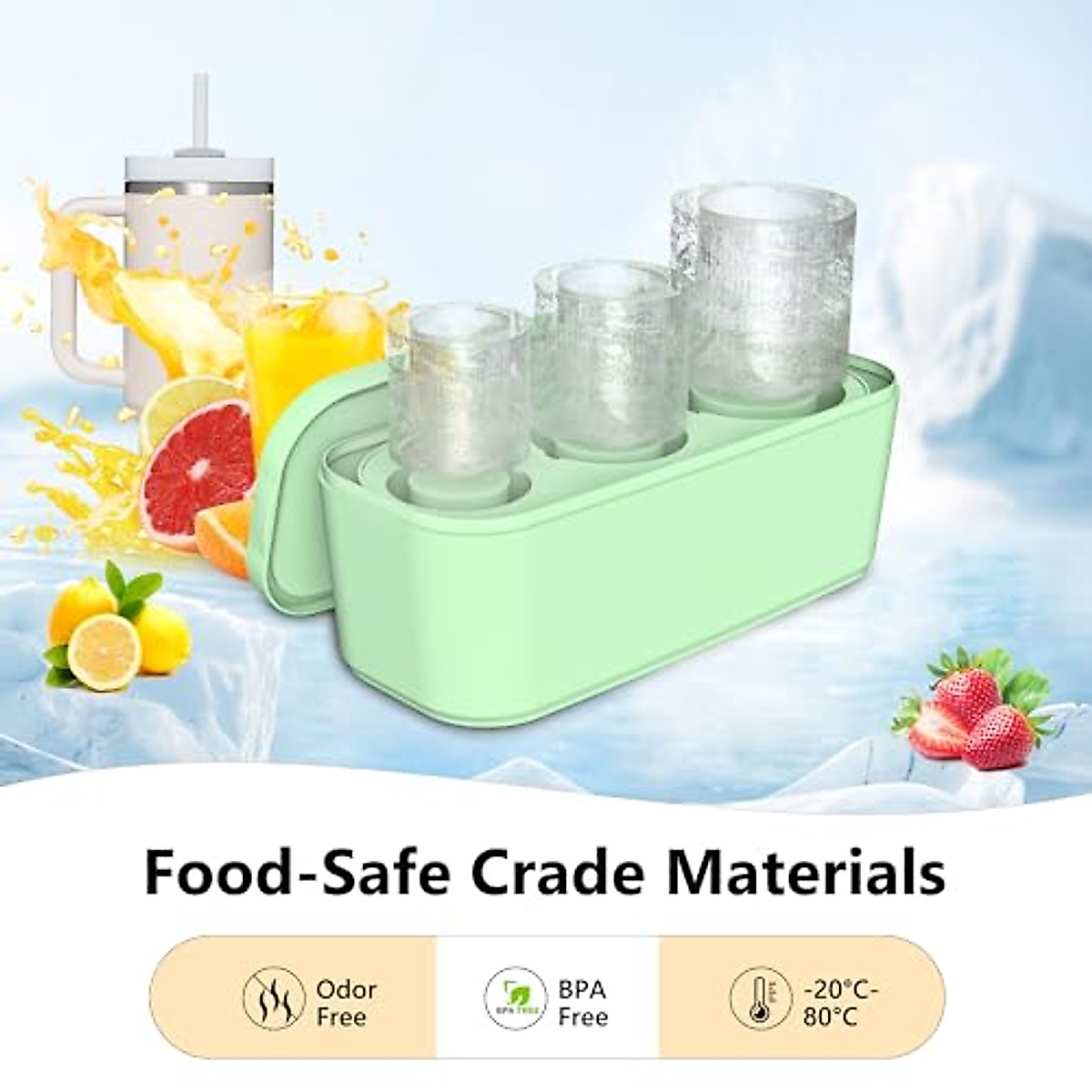 Ice Cube Tray For Stanley Cup 20-40oz,Silicone Hollow Cylinder Ice Mold With Lid And Bin for Tumbler,Ice Maker Freezer Accessories For Chilling Cocktails,Whiskey,Drinks,BPA Free (1Pack, Green)