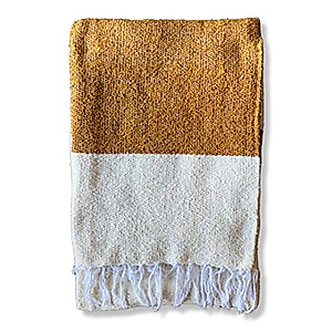 Sundream Supply Mexican Blanket - Thick Authentic Handwoven Beach Blanket, Perfect Outdoor Serape Throw for Picnics Yoga & Camping, Soft Home Decor Falsa Throw, Modern Baja Blanket (Gold & Cream)