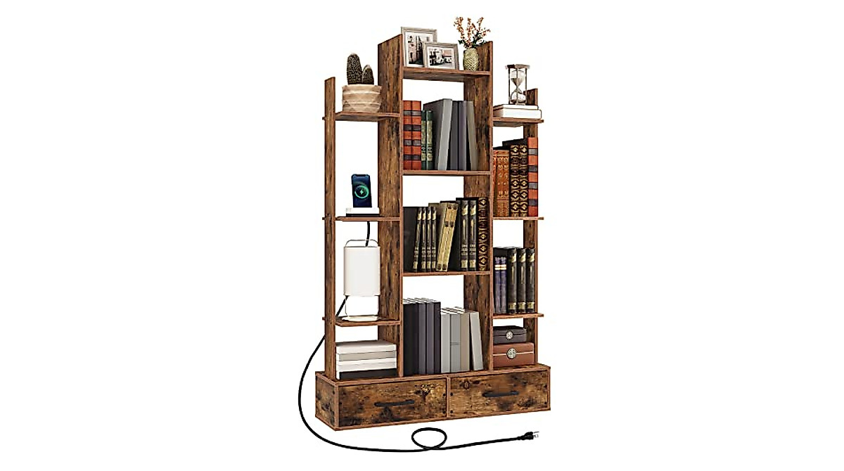 HOOBRO Wooden Bookshelf with Charging Station & Storage - Rustic Design