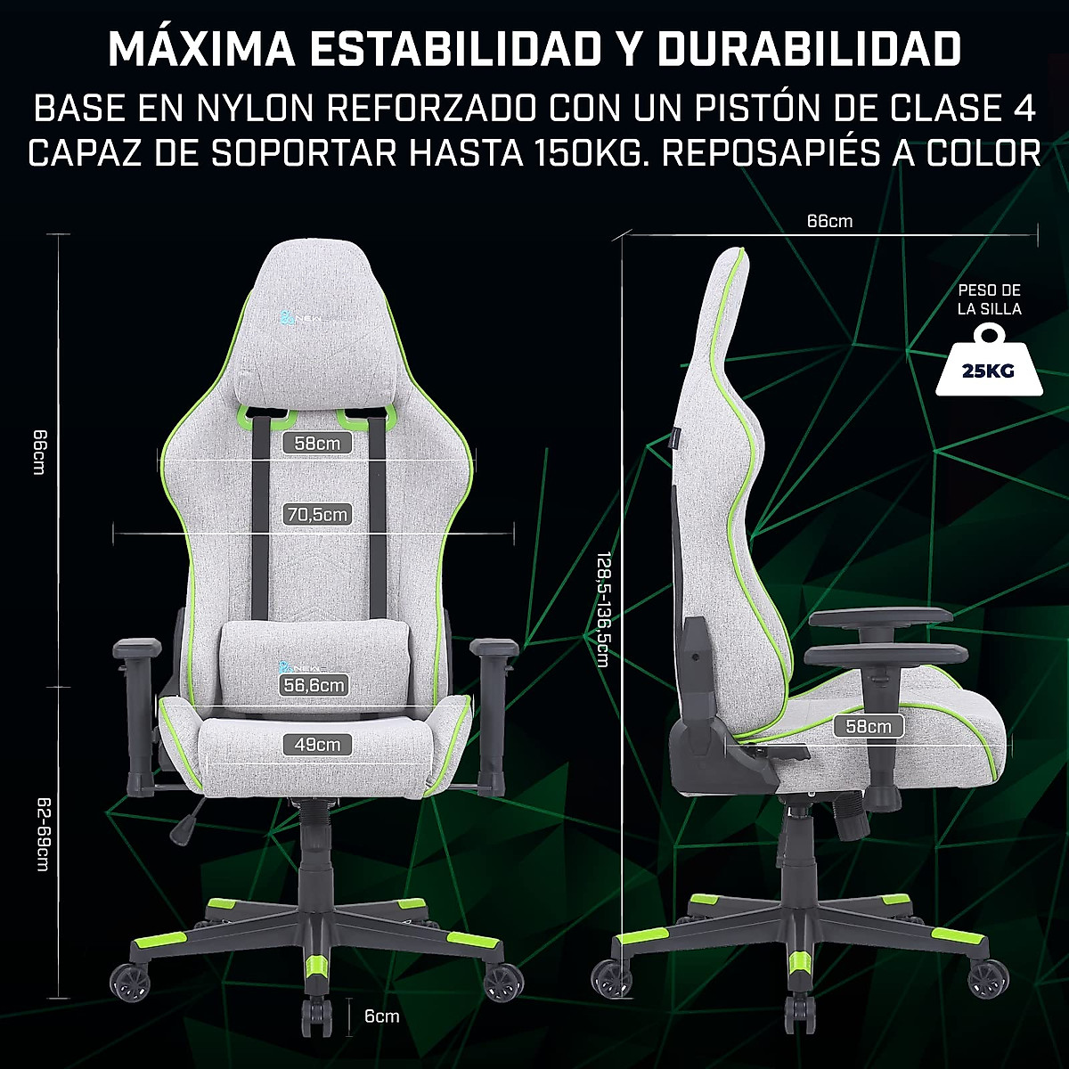 Newskill Kitsune Zephyr Series Gaming Chair Finished in Ultra-Breathable Fabric with Adjustable Armrests and Reclining up to 180° – Grey and Green