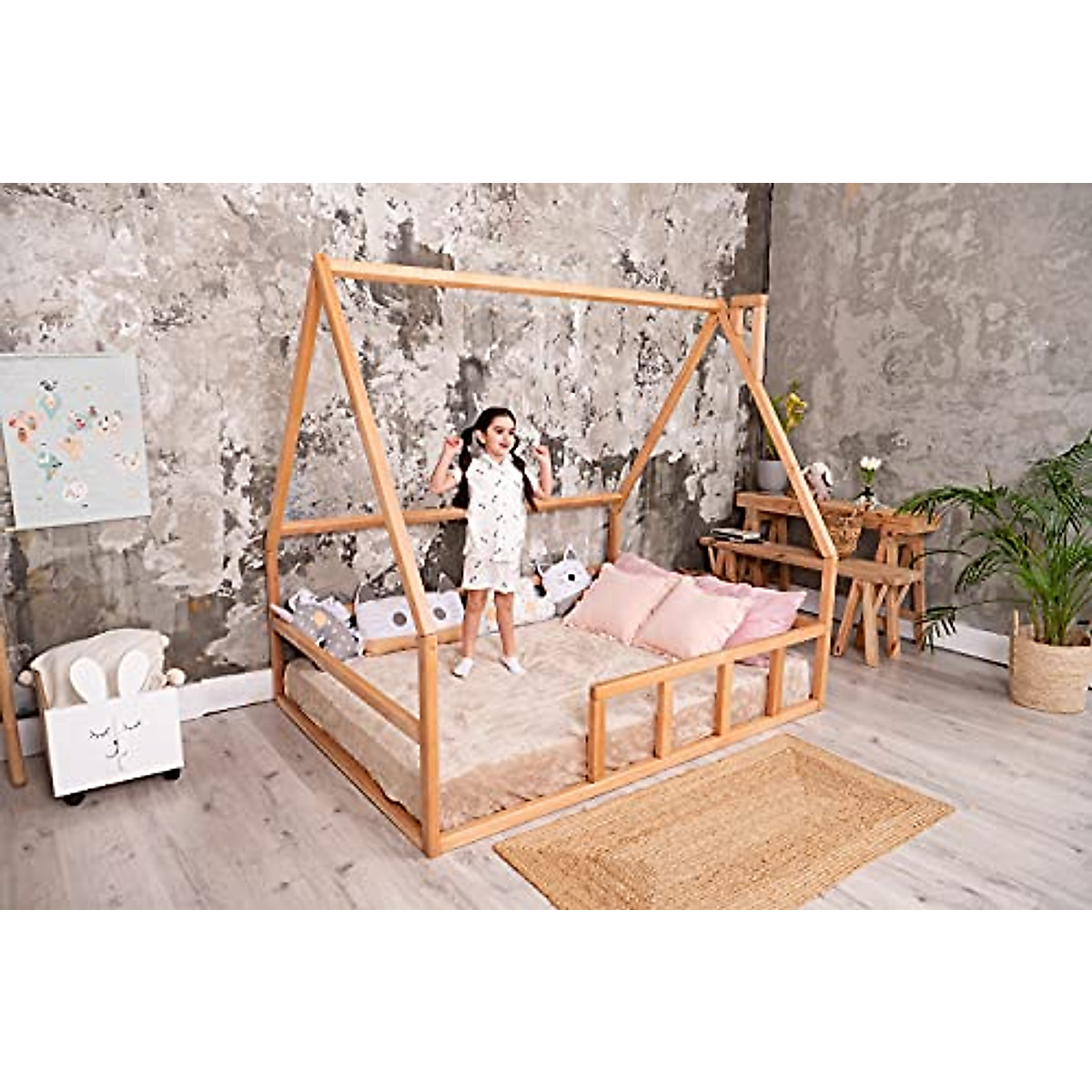 BUSYWOOD Montessori Platform Bed - Toddler bed - Kids Floor Bed House Frame - Natural Wood Daybed Frame - Unique bed (Model 1, Natural Wood, Floor Bed)