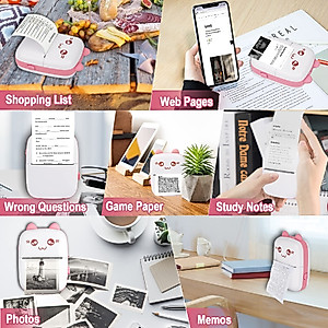 Eschen Pocket Mini Printer, Portable Printer with 6 Rolls Printing Paper for IOS Android Smartphone, Label Receipt Sticker Photo List Notes Inkless Printing Gift, Pink
