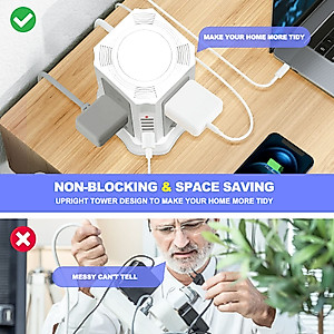 Power Strip Tower Surge Protector with 5 USB Ports, 12 Multiple Outlets, 6.5 FT Flat Plug Extension Cord, 13A 1050J Overload Protection, Desktop Charging Station for Home Office Dorm Room