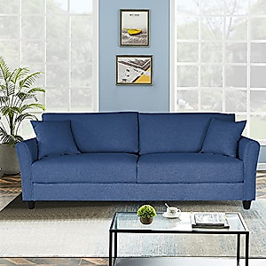 mikibama Linen Fabric Sofa 85 Inches Mid-Century Modern Couch 3 Seater Sofa with 2 Throw Pillows Upholstered Sofa with Rolled Armrest for Living Room, Apartment, Bedroom (Dark Blue)