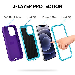 CAFEWICH Defender Case for iPhone 12 Mini, Heavy Duty 3 in 1 Shockproof Anti-Slip Drop Protective Phone Cover for iPhone 12Mini 5.4'' Display (Purple Blue)
