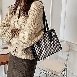 Fashion Woolen Cloth Houndstooth Print Shoulder Bag Women Casual Underarm Bags Female Small Tote Handbags, Black