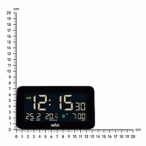 Braun Digital Alarm Clock with Date, Month and Temperature Displayed, Negative LCD Display, Quick Set, Crescendo Beep Alarm in Black, Model BC10B.